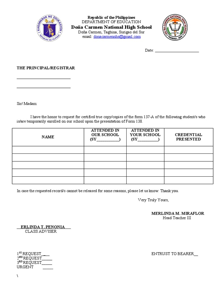 Request for Certified Form 137-A Copies | PDF