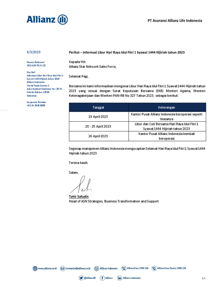 Memo Informasi Libur Hari Raya Idul Fitri 1 Syawal 1444 Hijiriah Tahun ...