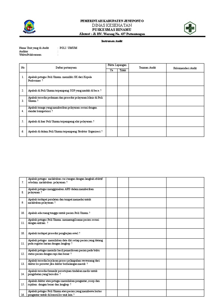 UKP. 04. Instrumen Audit POLI UMUM | PDF