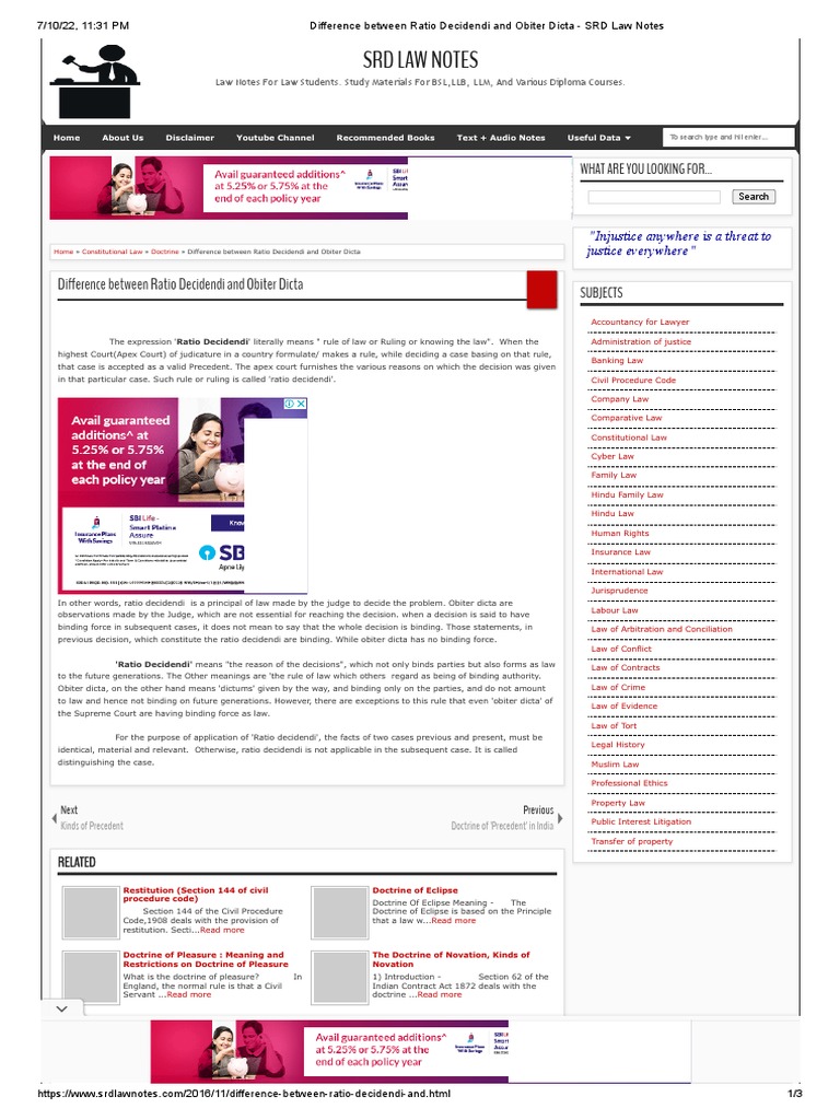 Ratio Decidendi vs. Obiter Dicta Explained | PDF | Precedent | Obiter ...