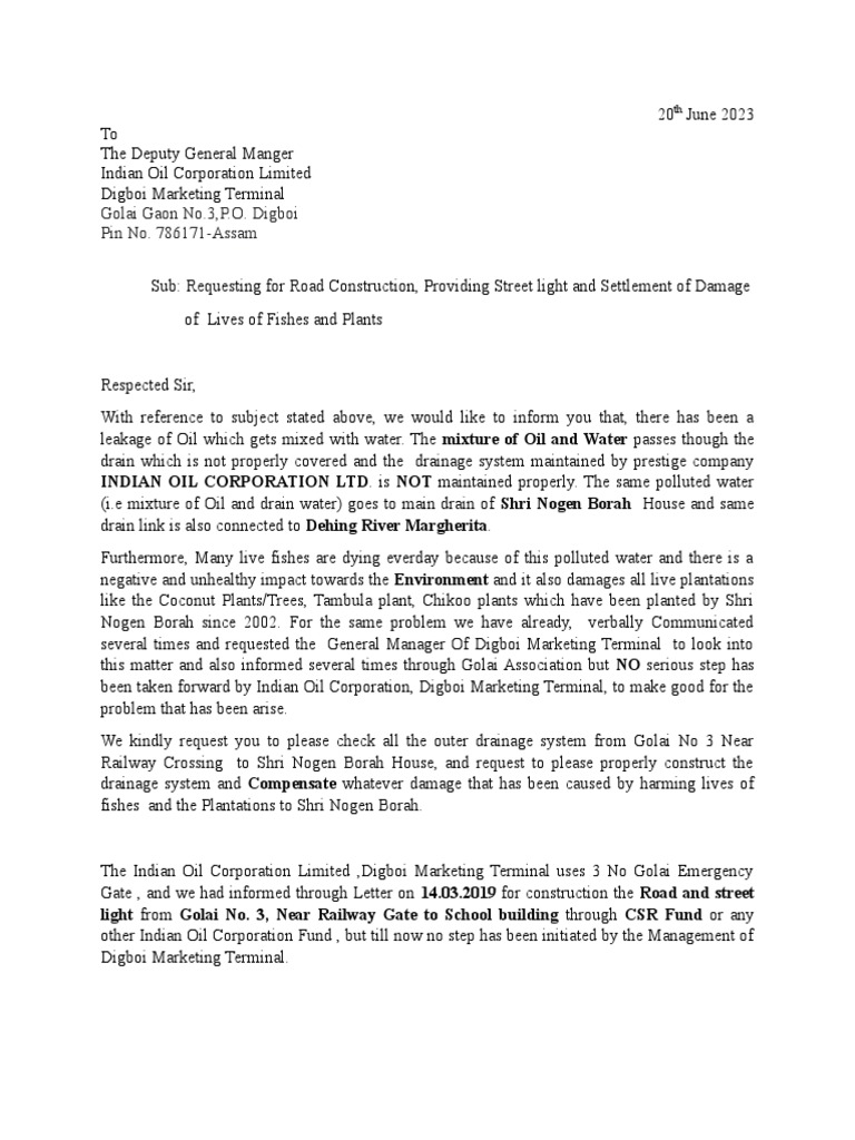 Iocl Road Letter On 20-06-2023 | PDF