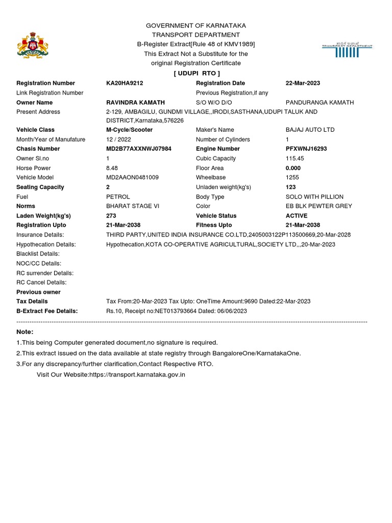 Karnataka Vehicle Registration Extract | PDF | Manufactured Goods ...