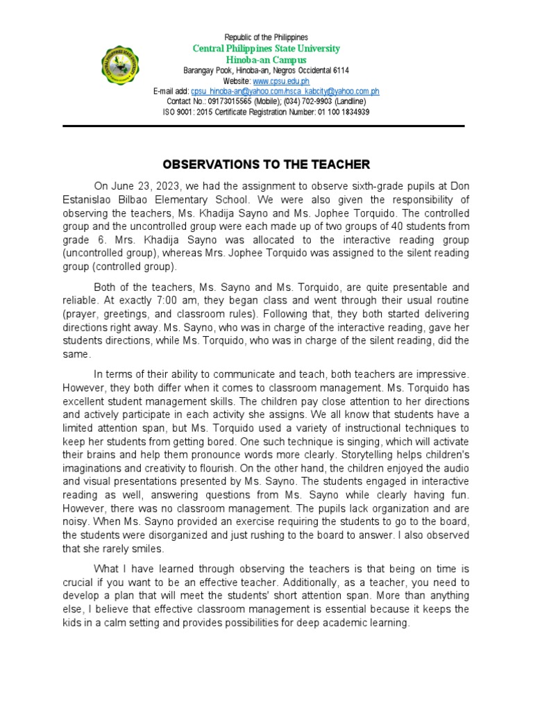 English Narrative Report | PDF | Teachers | Classroom