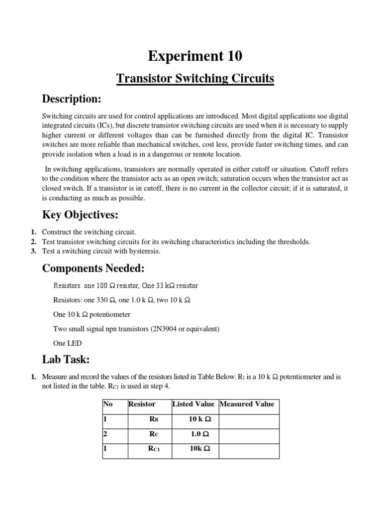 Lab 10 Transistor Switching Circuits Pdf Transistor Electronic Circuits