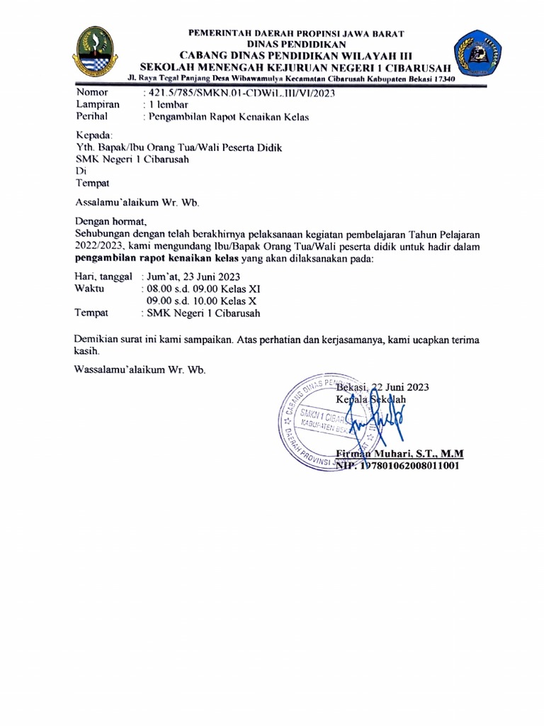 Surat Pengambilan Rapot | PDF