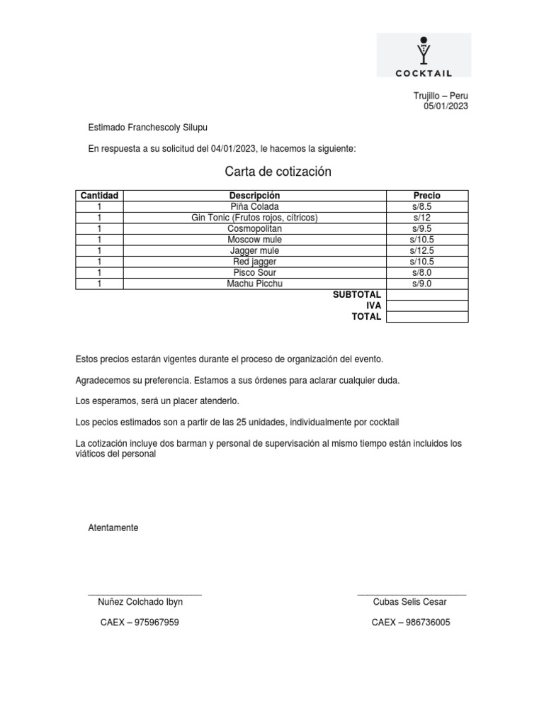 Carta de Cotización PLANTILLA | PDF
