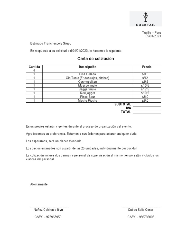 Carta de Cotización PLANTILLA | PDF