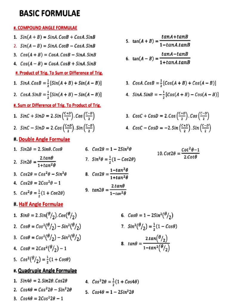 Basic Important Formulae | PDF | Trigonometric Functions | Geometry