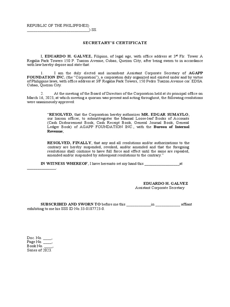 Secretarys Certificate-BIR Books of Account AGAPP | PDF