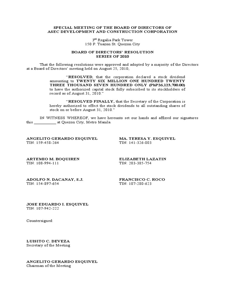 ASEC (1) .BOARD RESOLUTION - STOCK DIVIDEND DECLARATION.10dec07.jrt | PDF