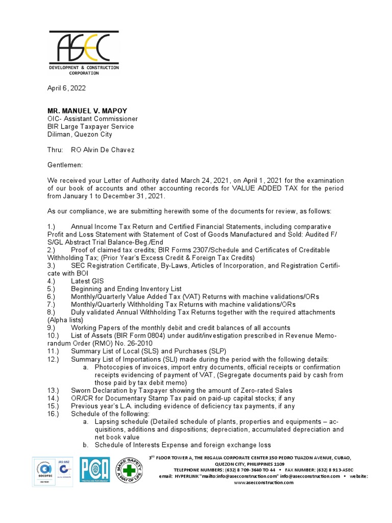 Response Letter - LOA - VAT 2021 - RAW | PDF | Receipt | Invoice