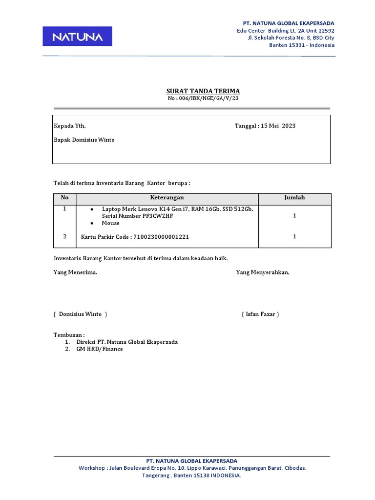 Pengembalian Inventaris Barang Kantor - Ibk | PDF