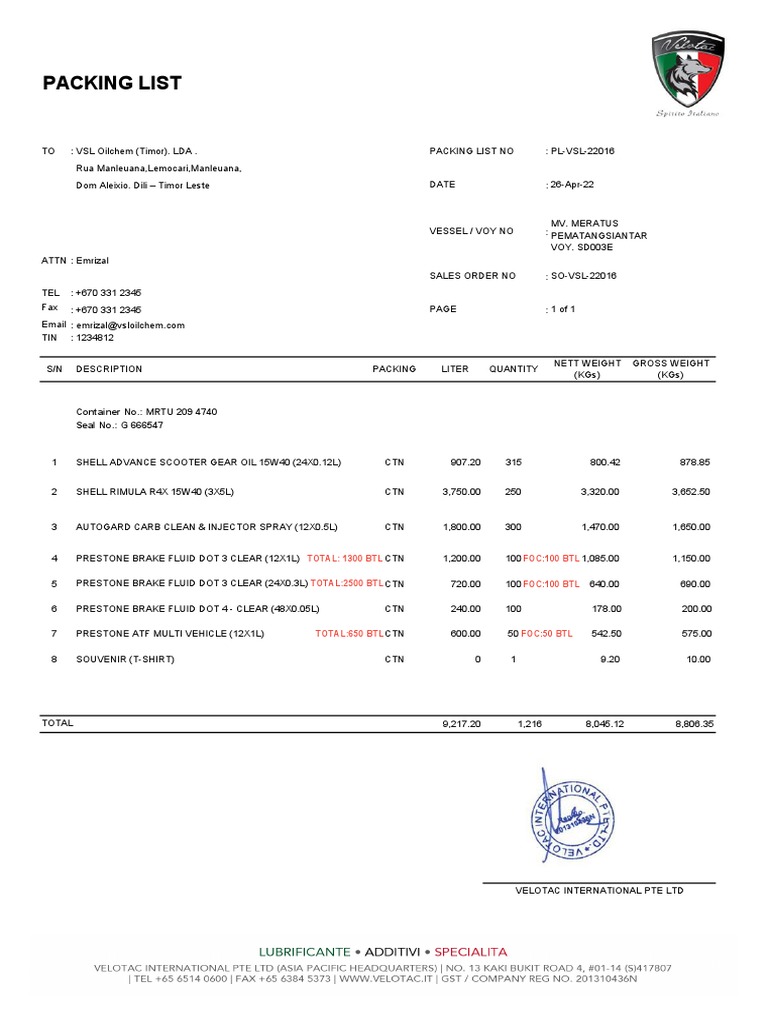 Packing List for VSL Oilchem | PDF | Vehicle Technology