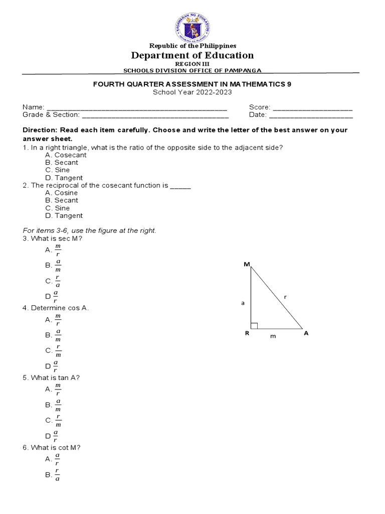Fourth Quarter Assessment in Mathematics 9 | PDF | Trigonometric ...
