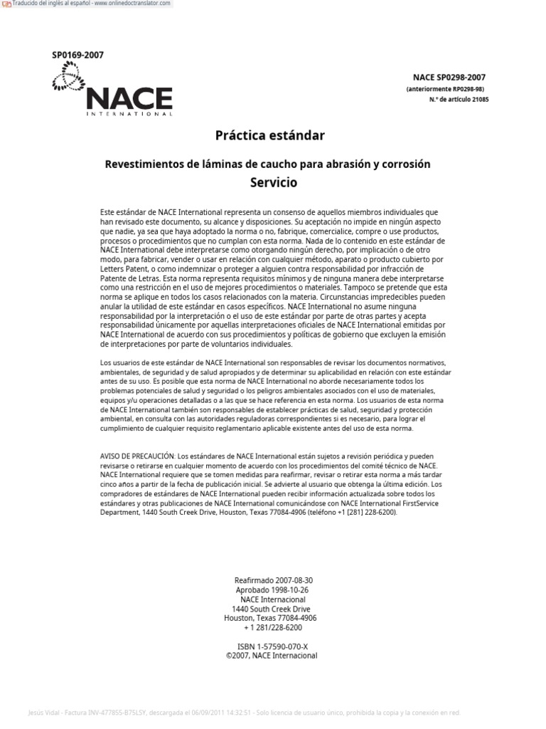 NACE SP0298-2007 Sheet Rubber Linings For Abrasion and Corrosion - En ...