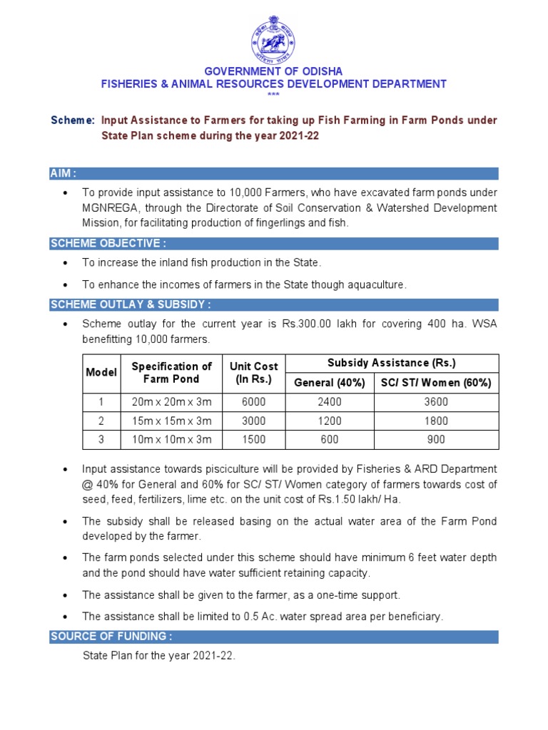 Input Assistance To Farmers For Taking Up of Fish Farming in Farm Ponds ...