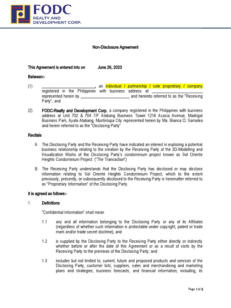 Nda - Fodc Realty and Development Corp (Sohcp) | PDF | Confidentiality ...