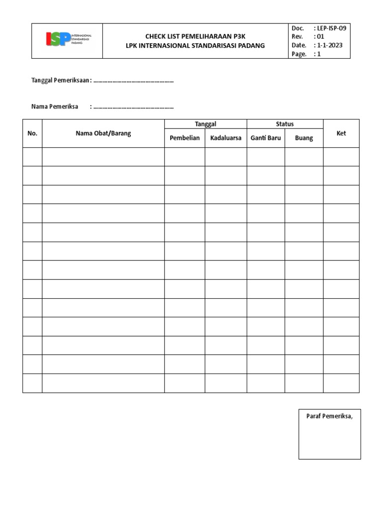 CHECK LIST PEMELIHARAAN P3K | PDF