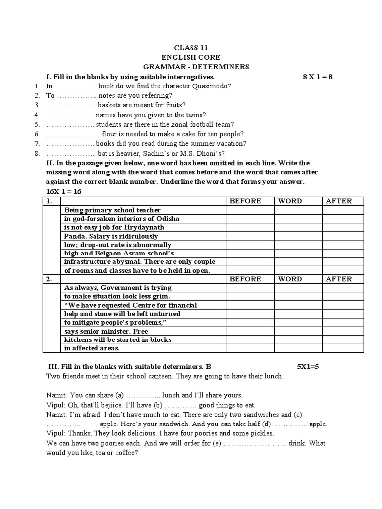 Class 11 Determiners | PDF | Language Arts & Discipline | Foreign Language Studies