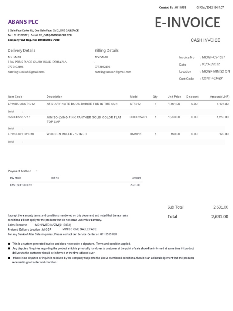 E-Invoice: Abans PLC | PDF | Apple Inc. | Refrigerator