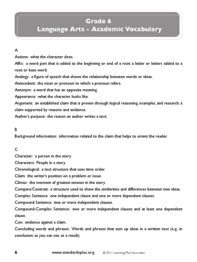 Grade 6 Language Arts - Academic Vocabulary: © 2011 Learning Plus ...