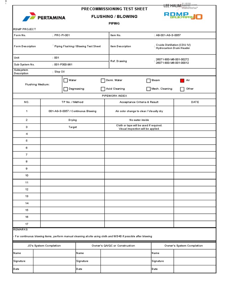Piping Flushing Test Sheet for CDU IV | PDF | Belt (Mechanical) | Engines