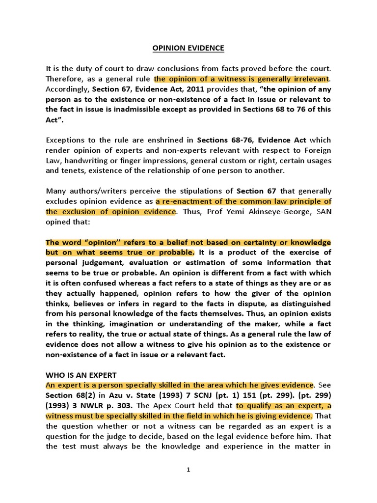 Opinion Evidence - DR Solomon | PDF | Expert Witness | Evidence