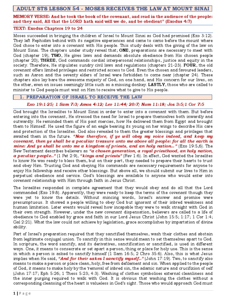 Adult STS Lesson 54 - Moses Receives The Law at Mount Sinai | PDF | Sanctification | Covenant ...