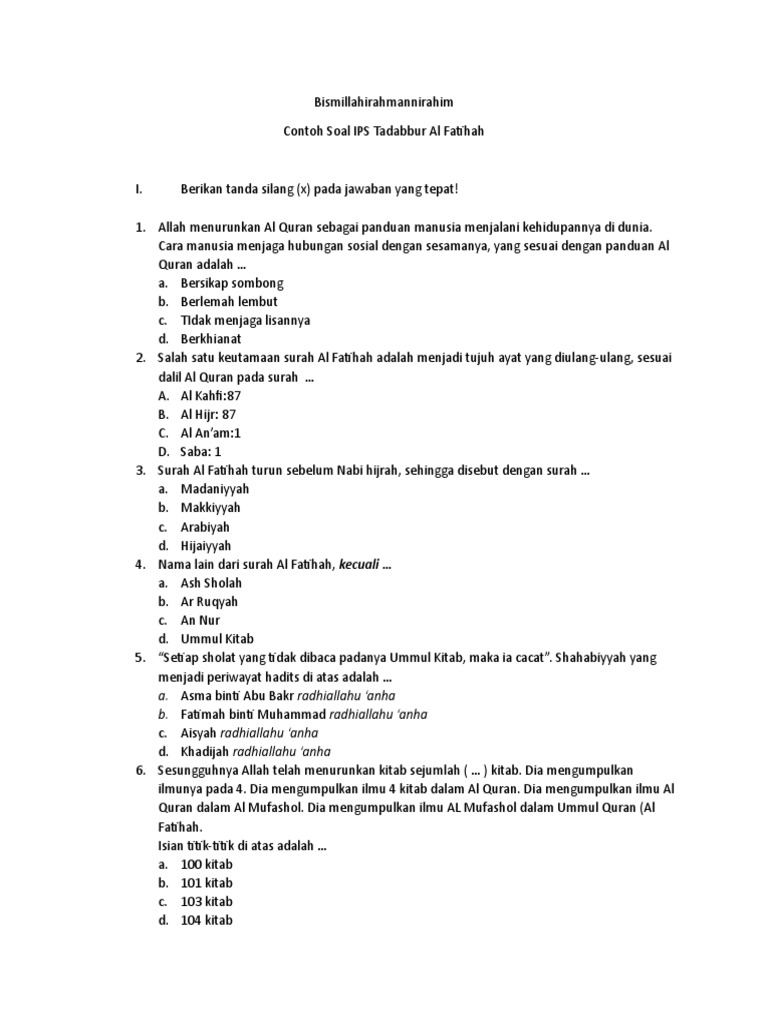 Contoh Soal IPS Tadabbur Al Fatihah (AutoRecovered) | PDF