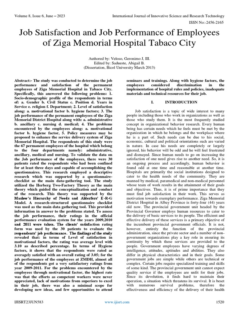 Job Satisfaction & Performance at Ziga Hospital | PDF | Job ...