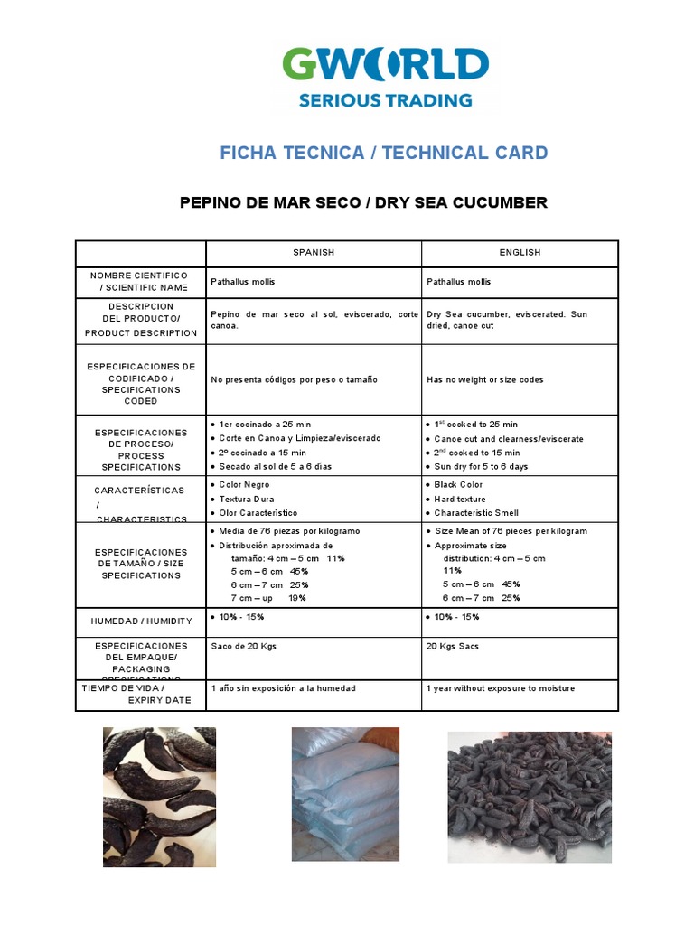FICHA TECNICA Pepino Seco - Gworld | PDF