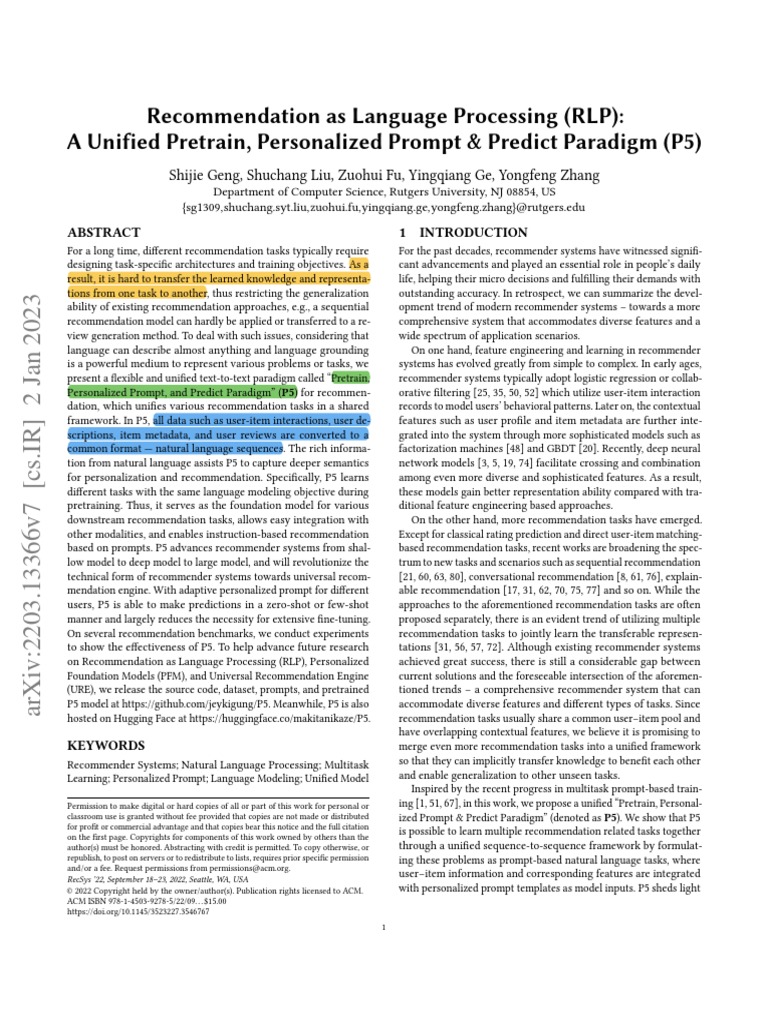 Recommendation As Language Processing (RLP) : A Unified Pretrain, Personalized Prompt & Predict ...