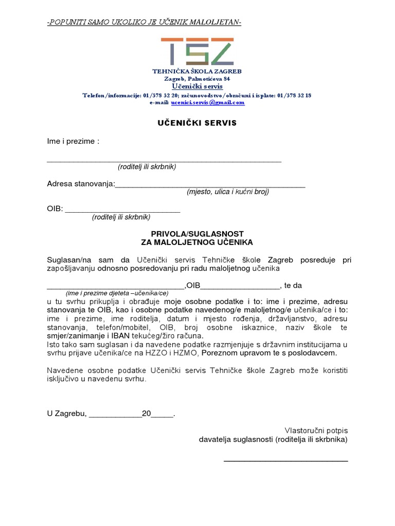 Obrazac Suglasnost Roditelja 2018.g | PDF