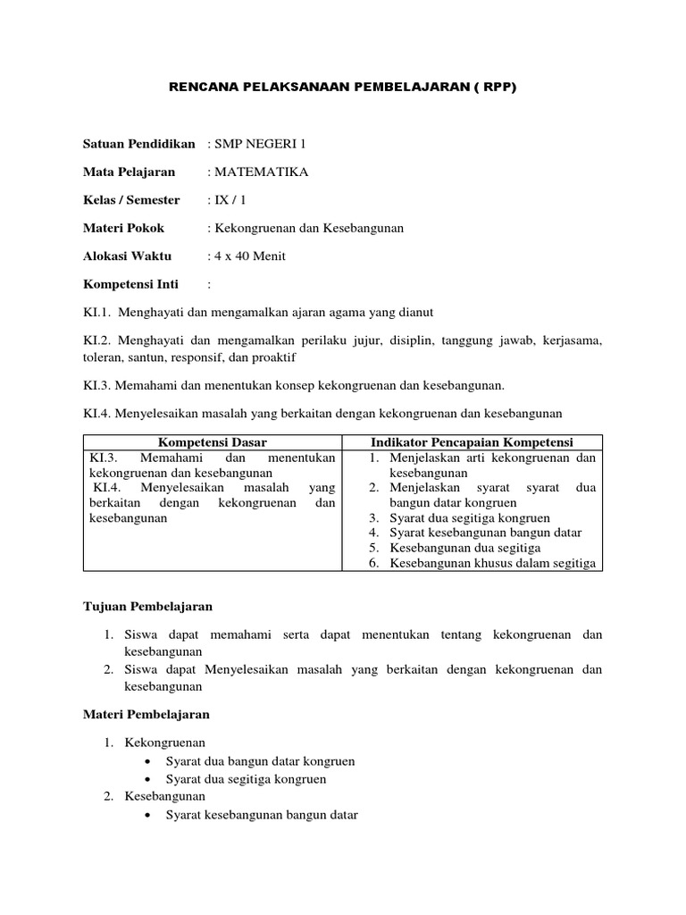 RPP Dan LKPD - Kekongruenan - Dan - Kesebangunan | PDF