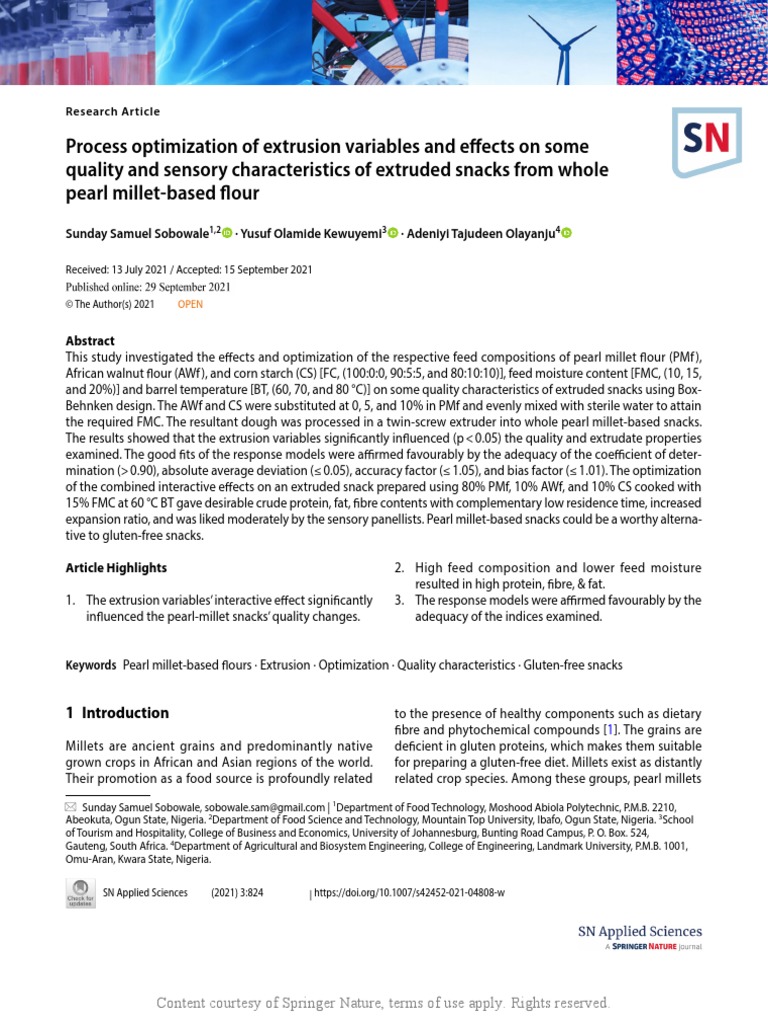 Process Optimization of Extrusion Variables and Ef | PDF | Flour | Extrusion