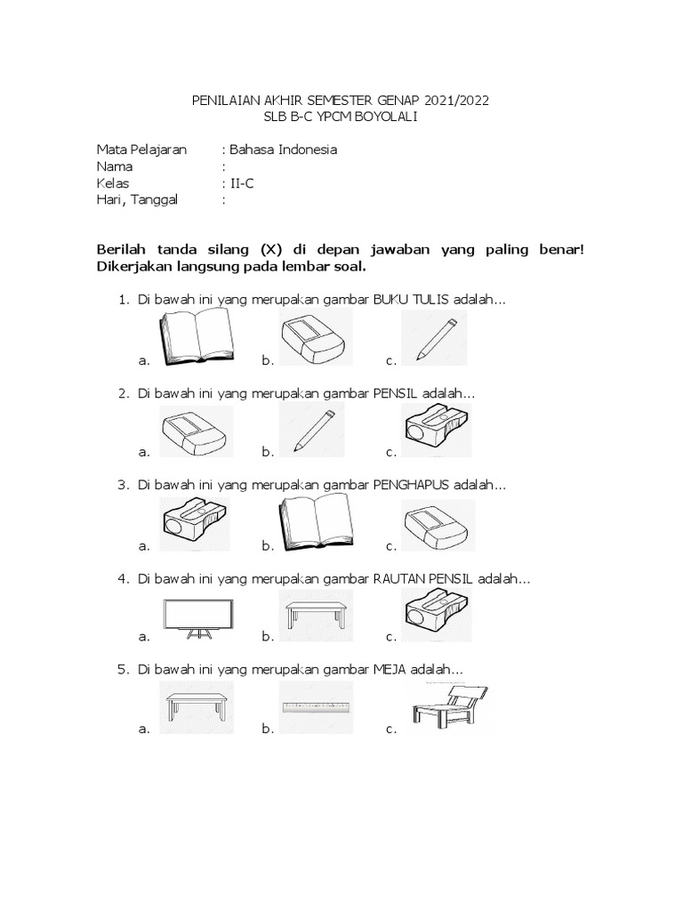 Soal Bahasa Indonesia SDLB-C/C1 KELAS I | PDF