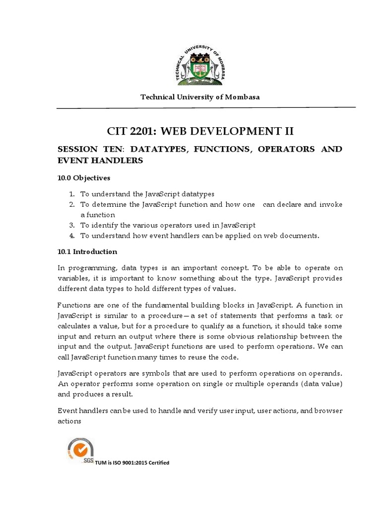 Session Ten Javascript Datatypes Functions Operators And Event Handlers Pdf Parameter