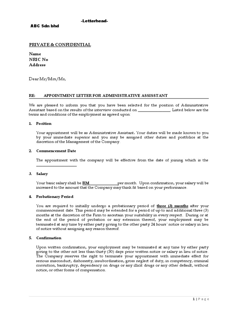 Appointment Letter For Administrative Assisstant | PDF | Salary | Employment