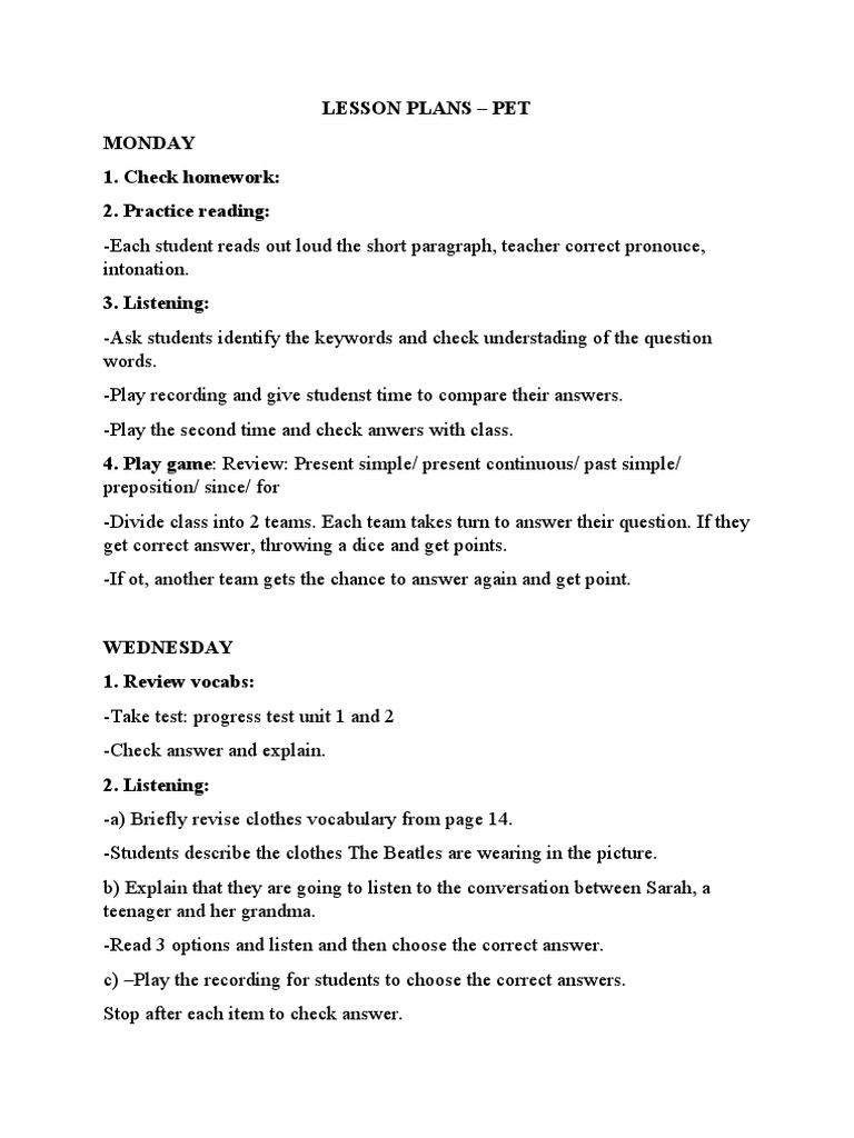 Engaging ESL Lesson Plans for PET | PDF