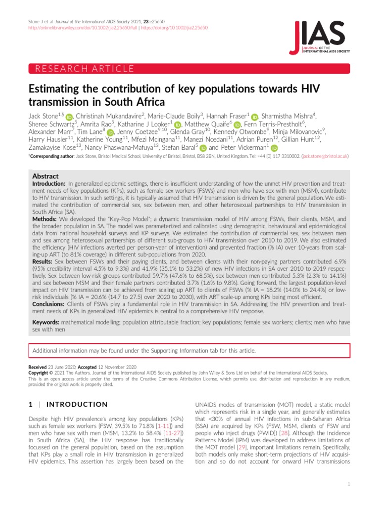 Estimating The Contribution Of Key Populations Towards Hiv Transmission In South Africa Pdf