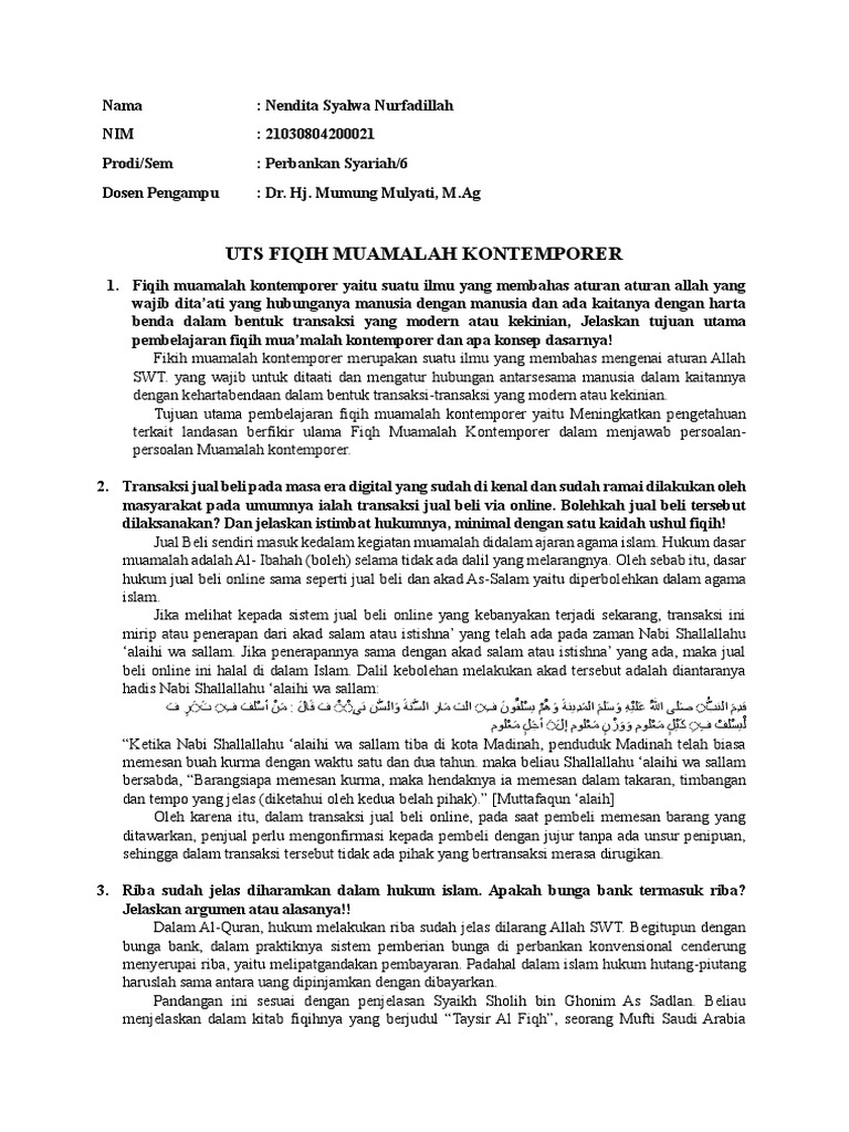 Nendita Syalwa - UTS Fiqih Muamalah Kontemporer | PDF