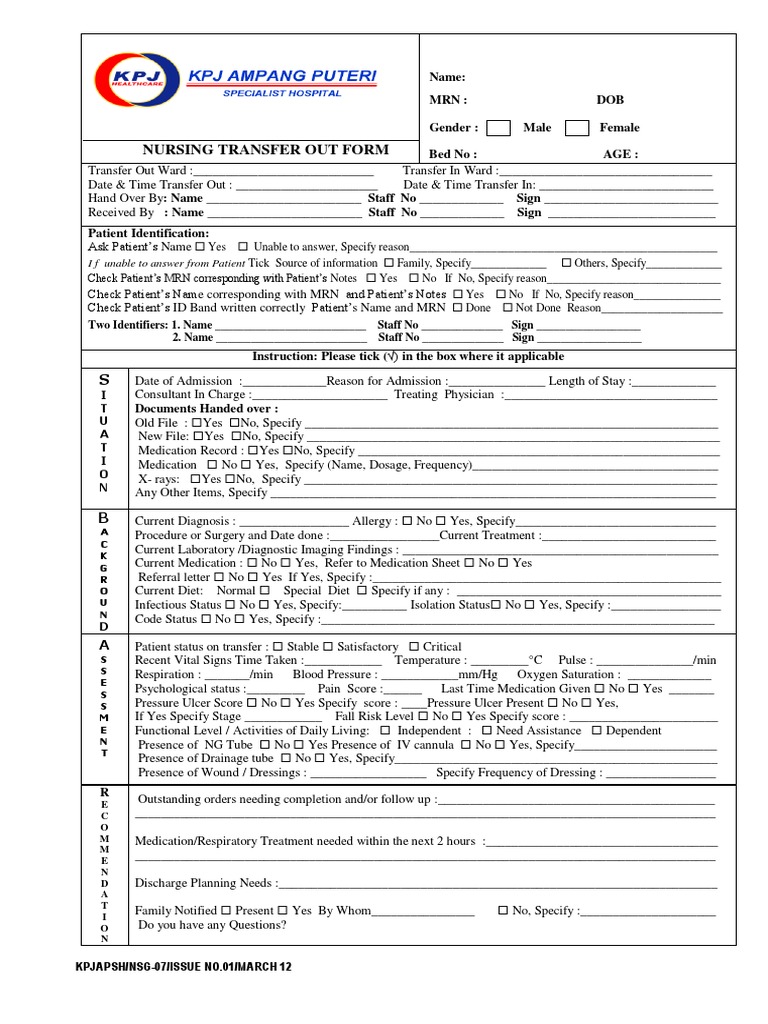 Nursing Transfer Out Form - 230619 - 111519 | PDF | Patient | Clinical ...