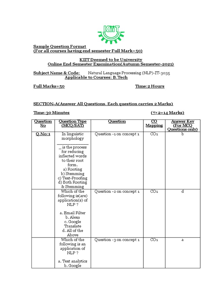 NLP End Sem Paper - Evaluation Scheme | PDF | Phrase | Parsing