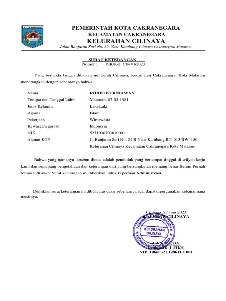 SK Belum Menikah Cilinaya Kec. Cakranegara Kota Mataram | PDF