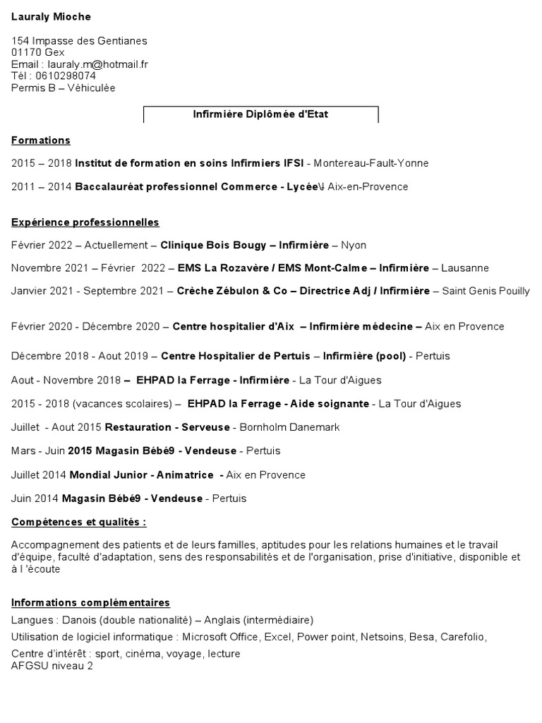 CV Infirmière Expérimentée - Lauraly Mioche | PDF | Évolution de ...