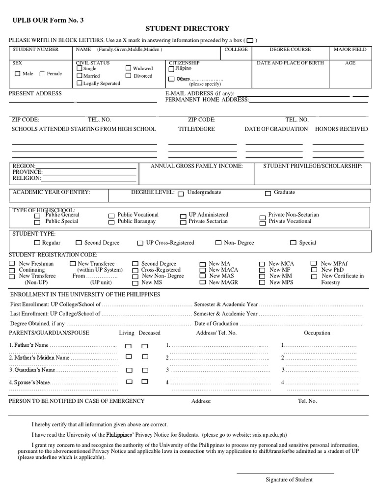 Uplb Our Form No. 3 Student Directory 1 | PDF | Social Institutions