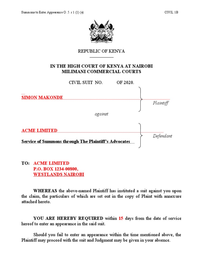 Summons To Enter Appearance - HC | PDF