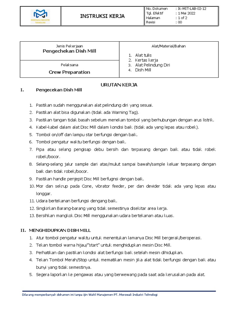 IK-MIT-LAB-02-12 - IK Pengecekan Dish Mill | PDF