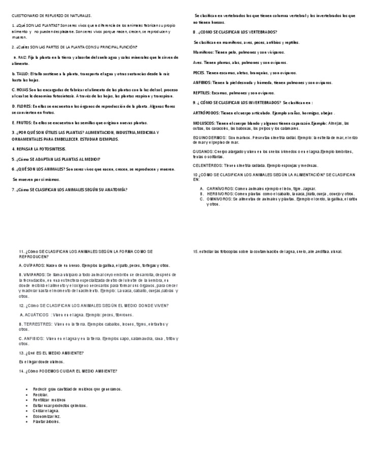 Cuestionario de Refuerzo de Naturales | PDF | Plantas | Vertebrados