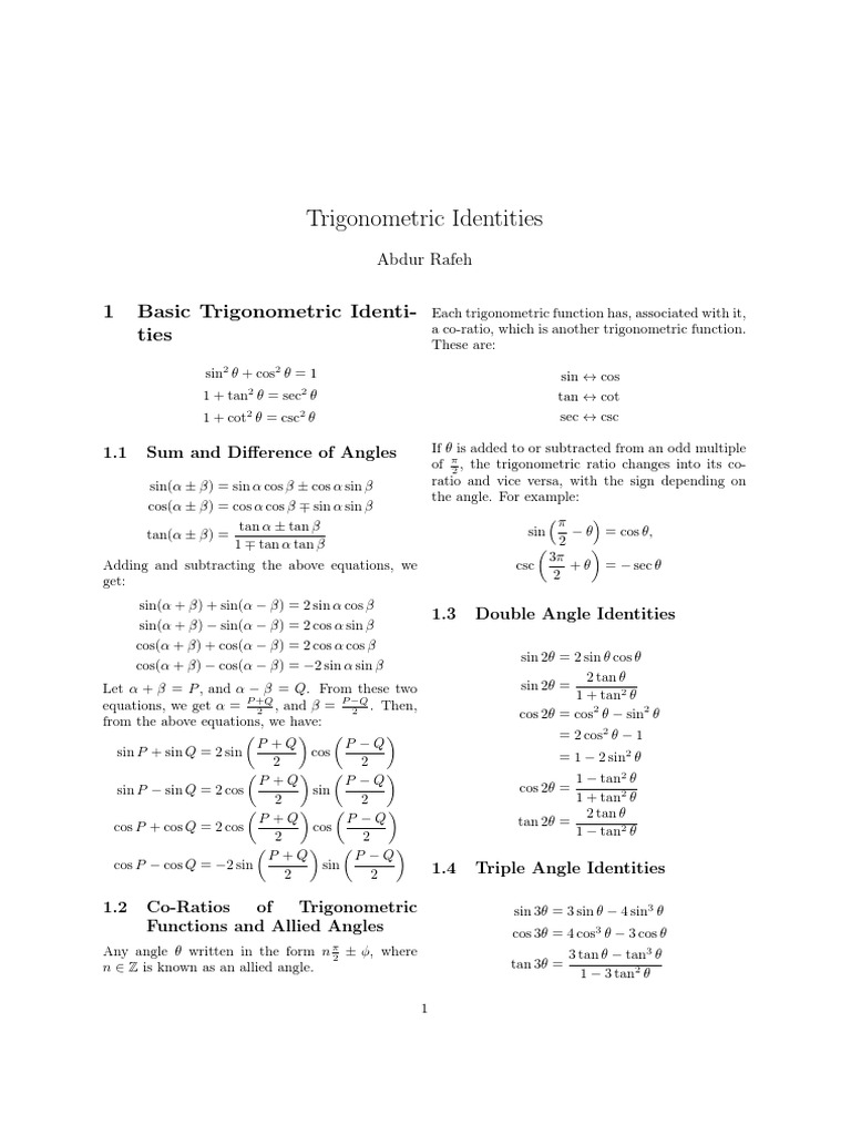 Trigonometric Identities Pdf Trigonometric Functions Triangle